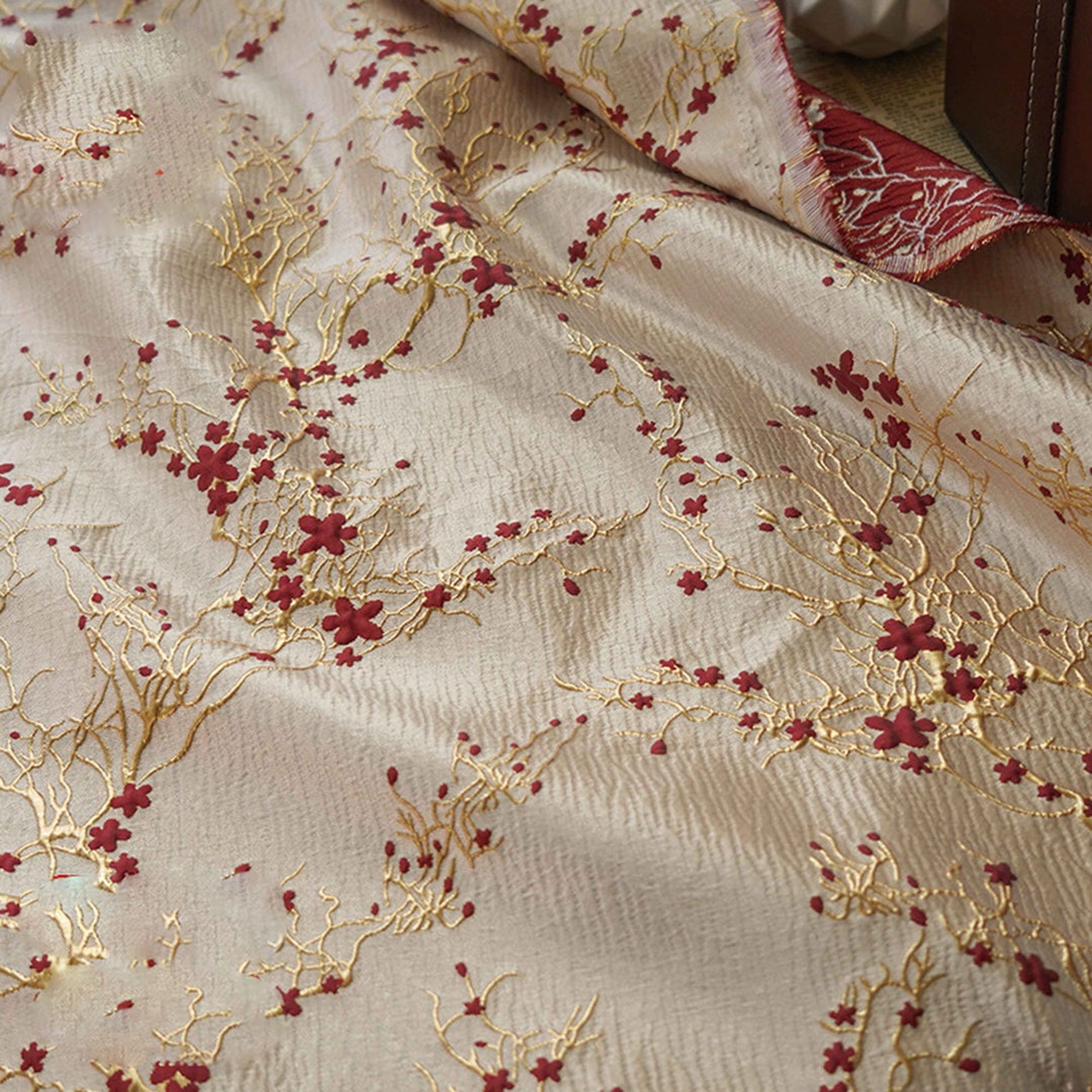 Luxury Red and Gold Jacquard Fabric, Metallic Flora Embroidered Brocade ...