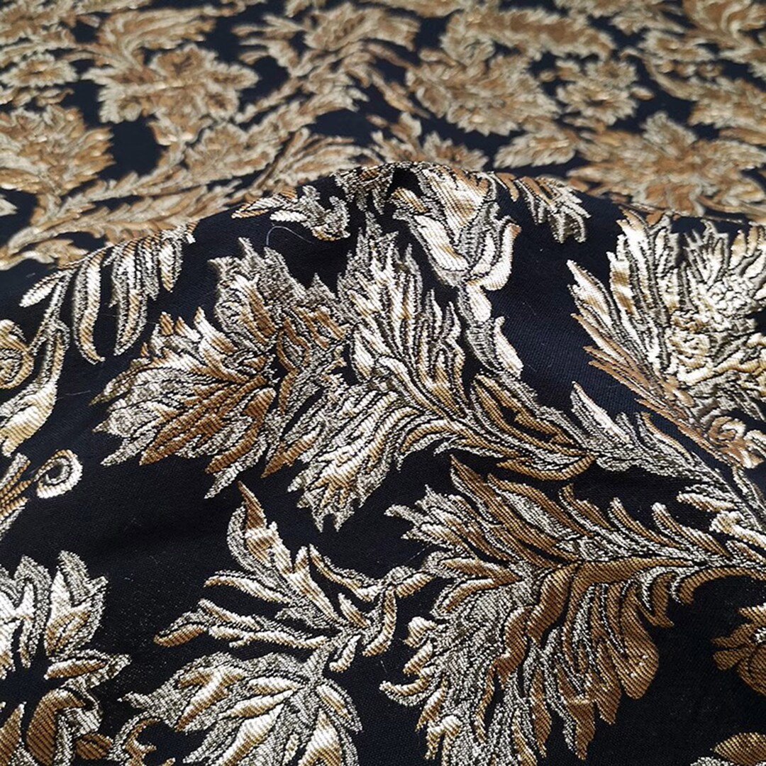 Luxury Gold Jacquard Fabric, Emboss Textured Black Brocade Damask for ...