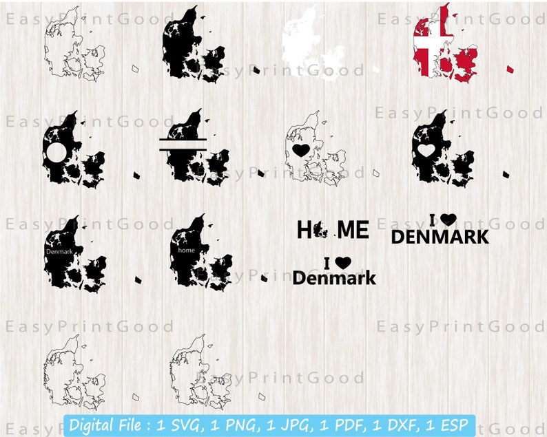 Denmark Map SVG Bundle: Danish Flag, Outline, Monogram (cut File ...