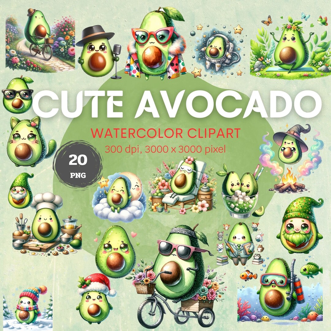 Cute Avocado Watercolor Clipart Graphic, Avocado Clipart, 20 PNG ...