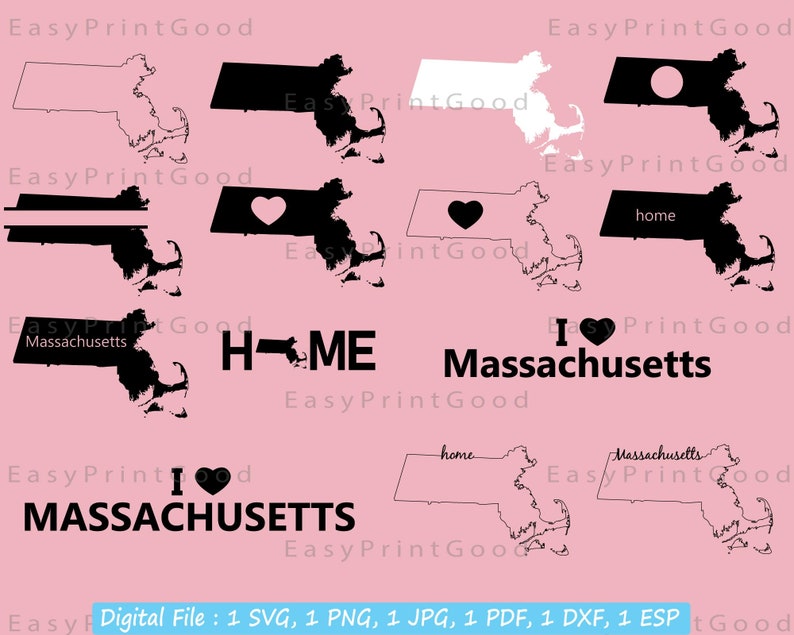 Massachusetts Map SVG Bundle: State Outline, Love, Home (cut File) - Etsy