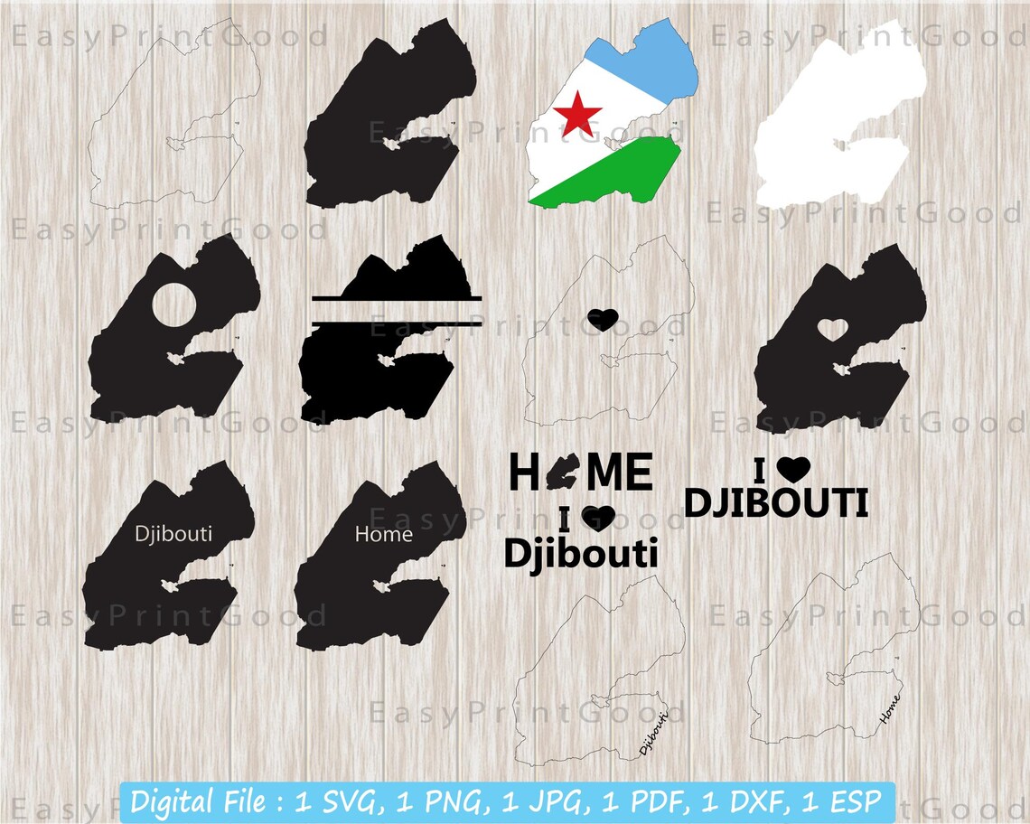 Djibouti Map SVG Bundle: Monogram Frame, Outline Cut File (digital ...