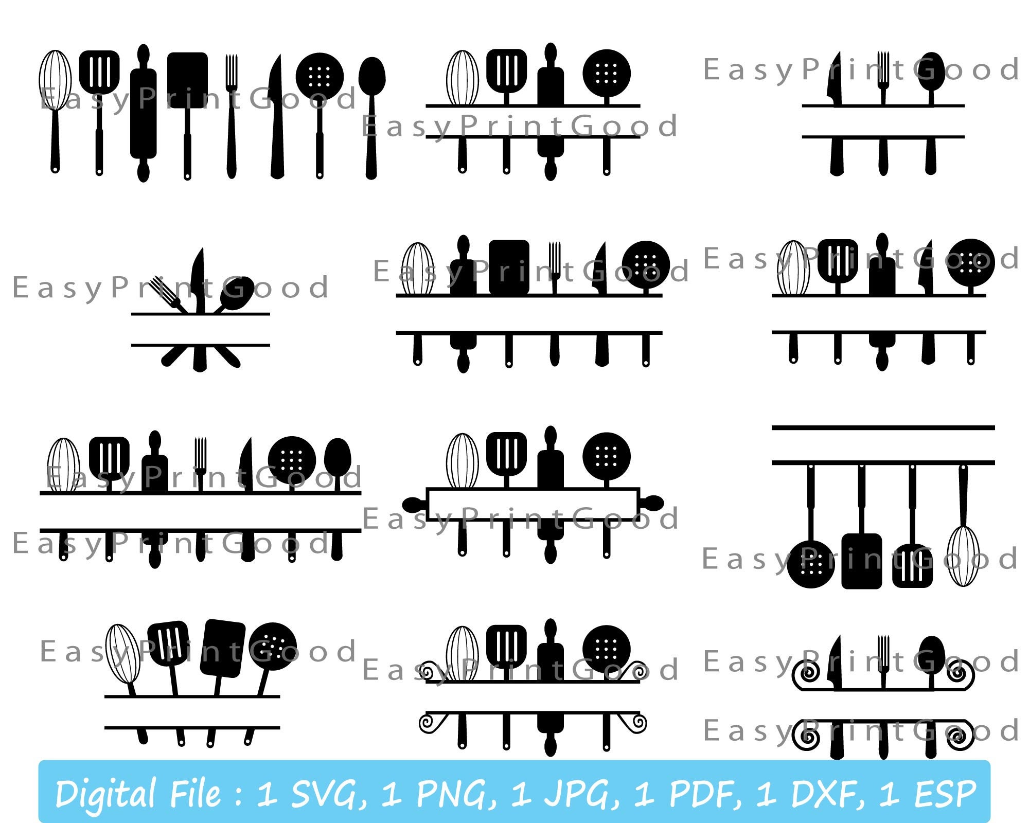 Split Kitchen Svg Spoon Fork Knife Clipart Kitchen Svg Kitchen | Etsy