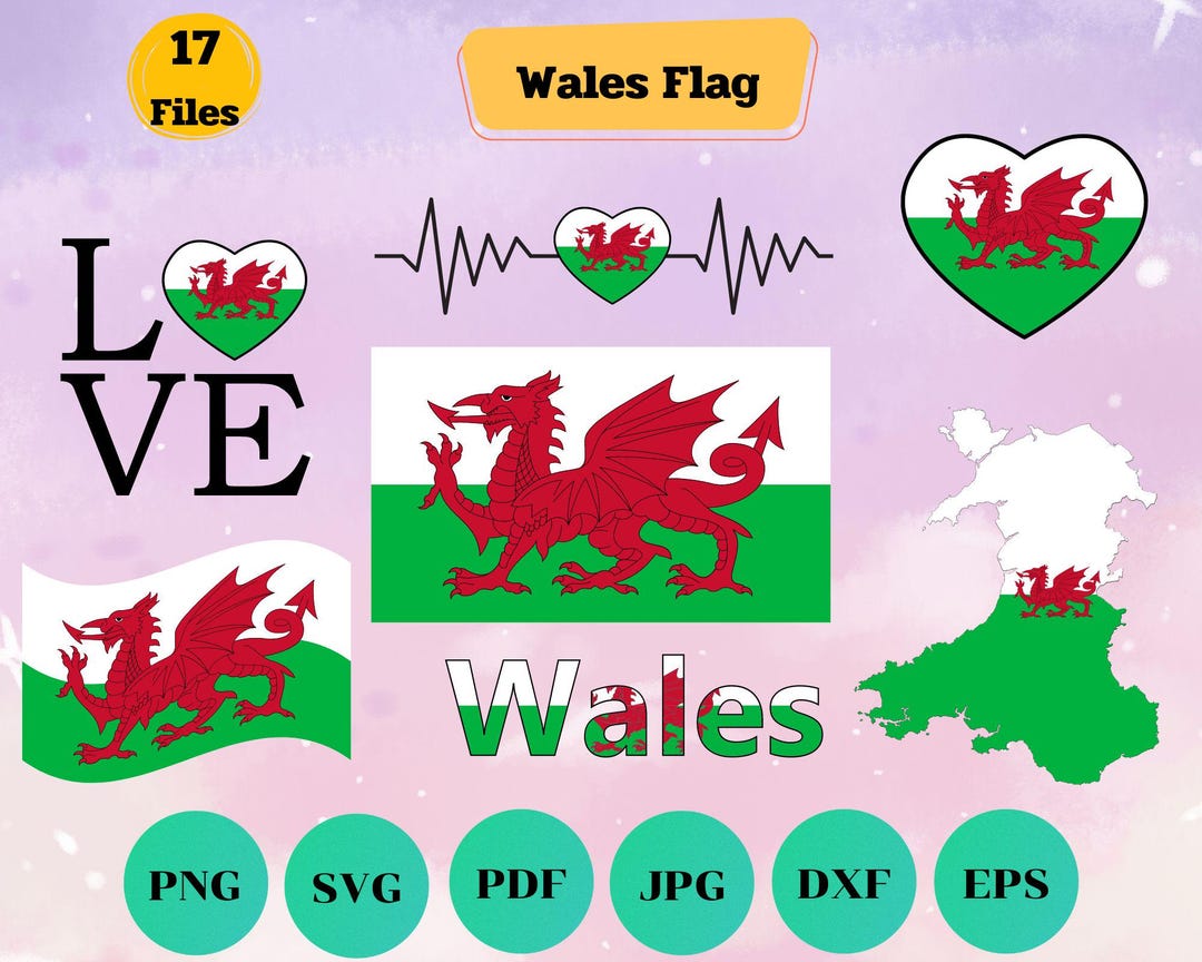 Wales Flag Bundle Svg, Love Wales, Wales Flag, Waving, Outline, Clipart, Heart, Wales Country ...