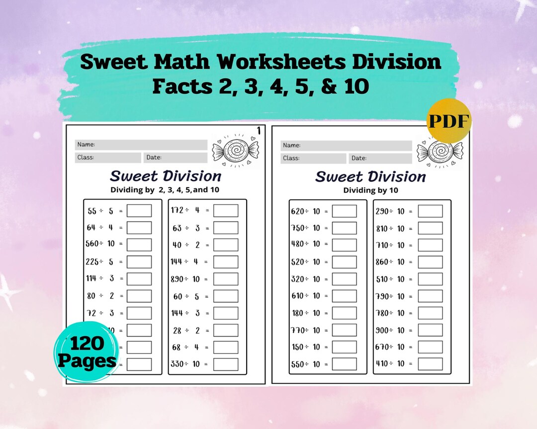 Sweet Math Worksheets Division Facts 2, 3, 4, 5, & 10 - Etsy