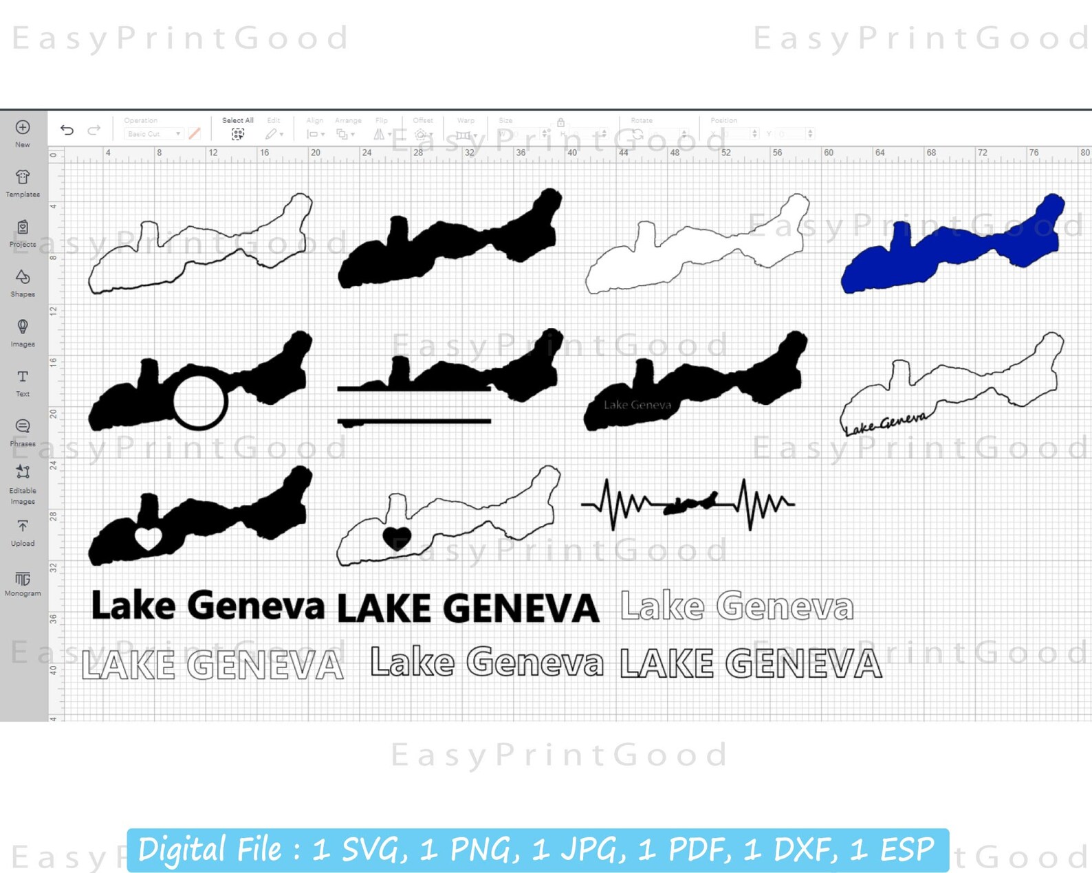Lake Geneva Map SVG Bundle: Outline, Love, Monogram (digital Download ...