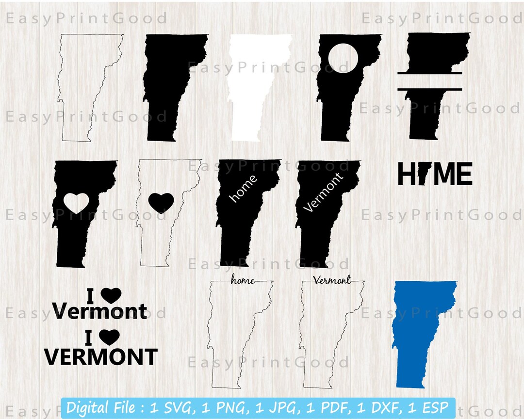 Vermont SVG Bundle: State Map Outline, Clipart, Monogram Frame (digital ...