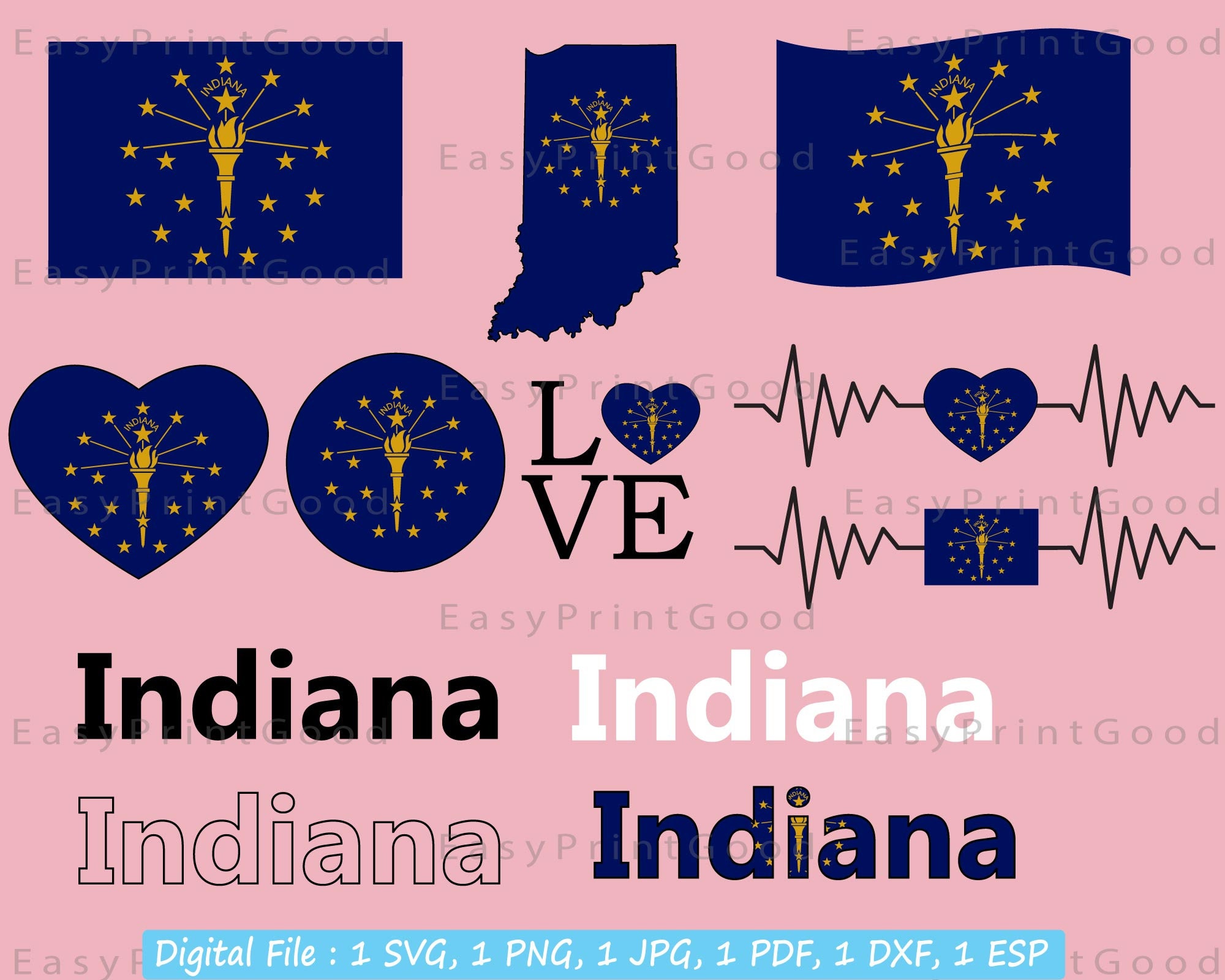 Indiana Flag Bundle Svg Indiana Flag Indiana Star Heart - Etsy