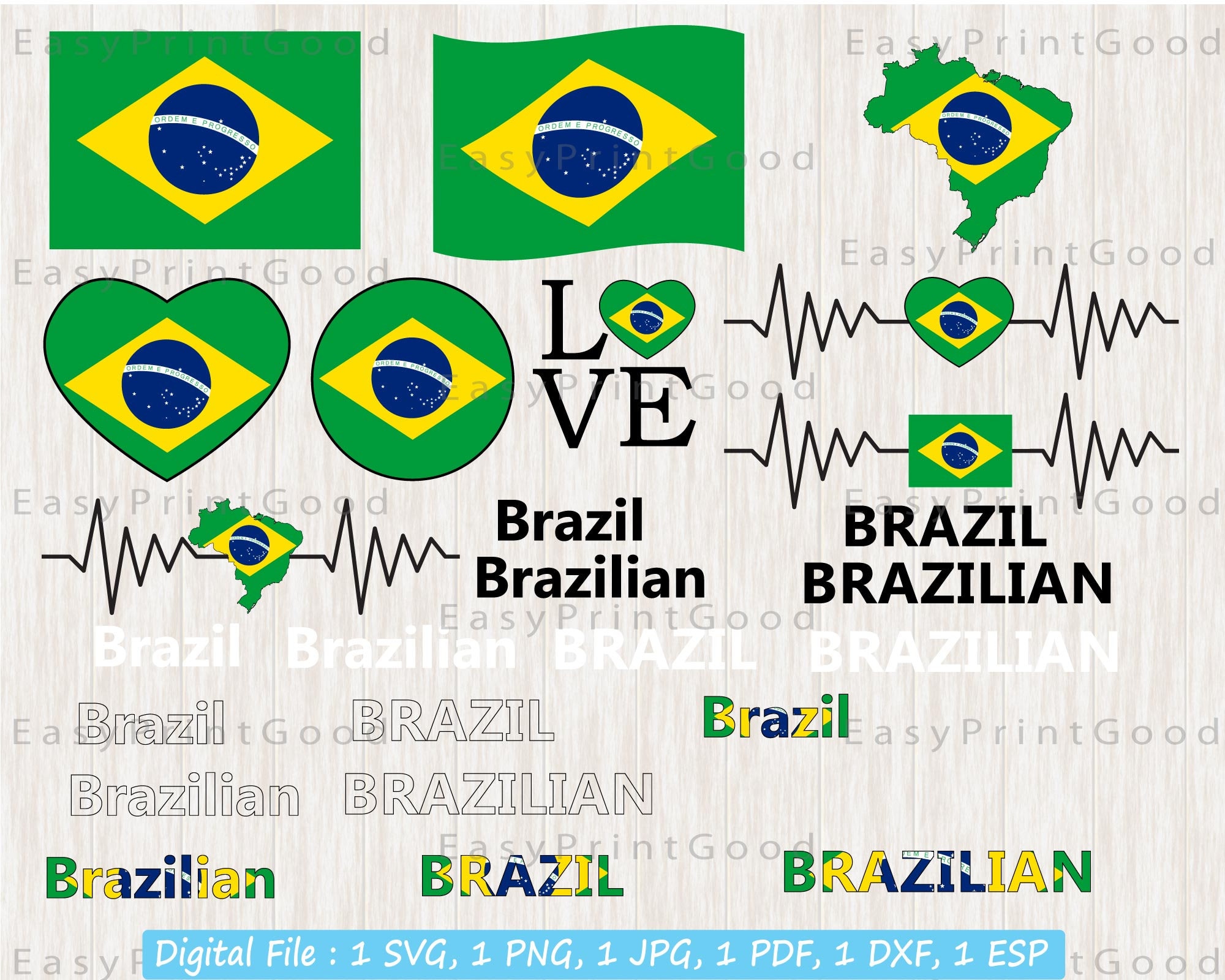 Brazil Flag Bundle Svg Brazilian Svg Love Brazil Waving - Etsy Canada