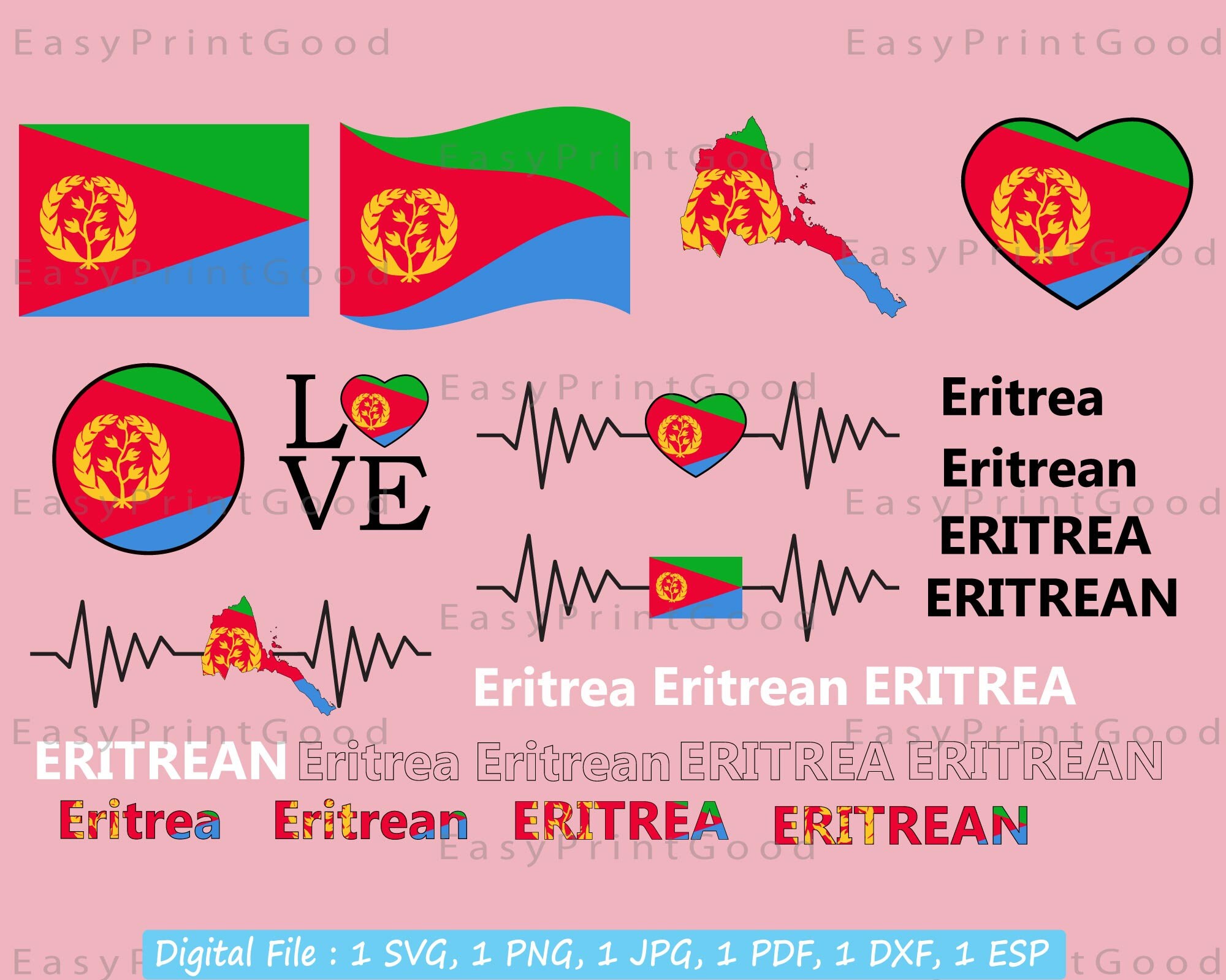 Eritrea Flag SVG Bundle: National Flag, Map, Heart Clipart (digital ...