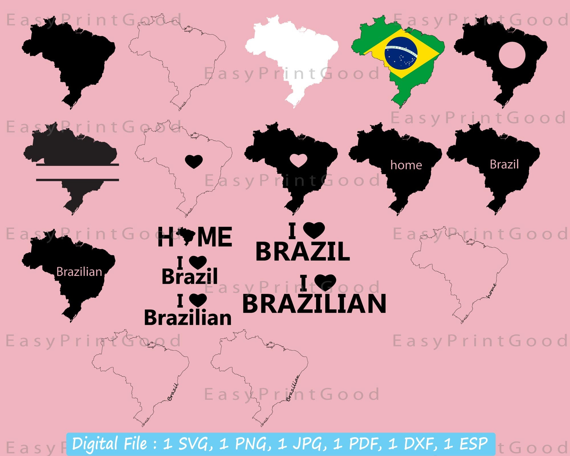 Brazil Map SVG Bundle: Outline, Monogram Frame, Clipart (digital ...