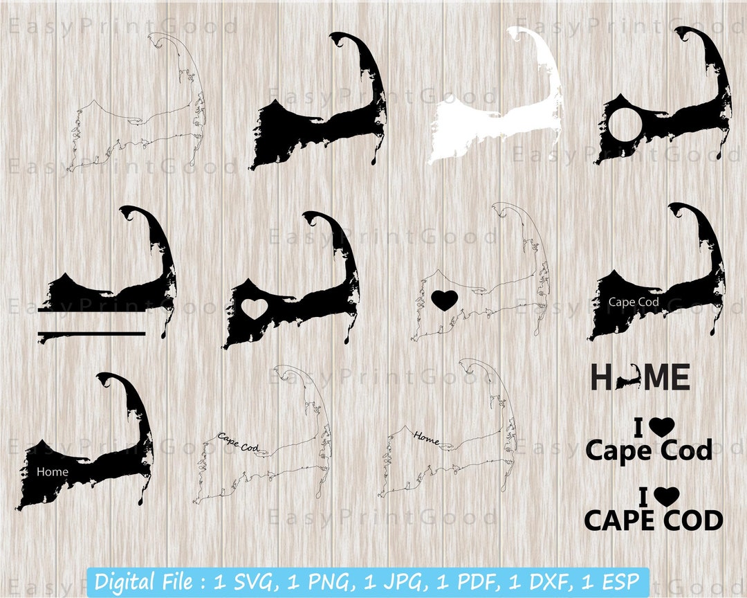 Cape Cod Svg Bundle, Cape Cod Map, Clipart, Outline, Massachusetts ...