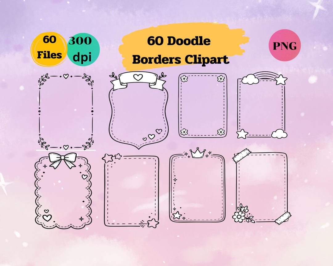 60 Doodle Borders Clipart | Black White PNG Frames (digital Download ...