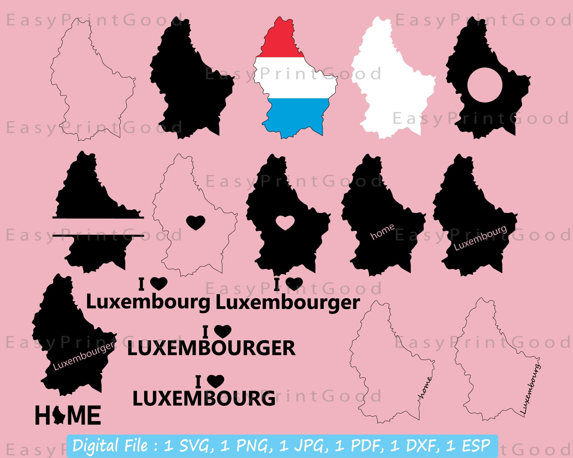 Luxembourg Svg Bundle Luxembourg Map Outline Love Home | Etsy