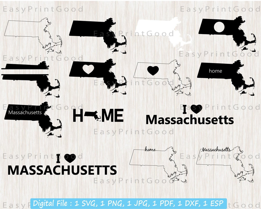 Massachusetts Map SVG Bundle: State Outline, Love, Home (cut File) - Etsy