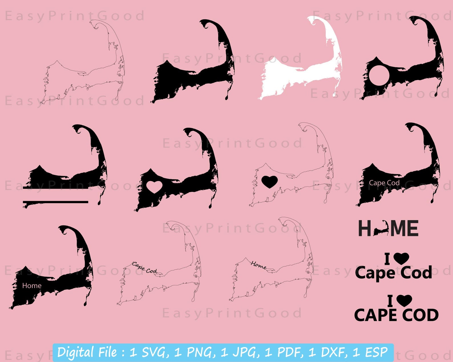 Cape Cod Map SVG Bundle: Massachusetts Outline Clipart (digital ...