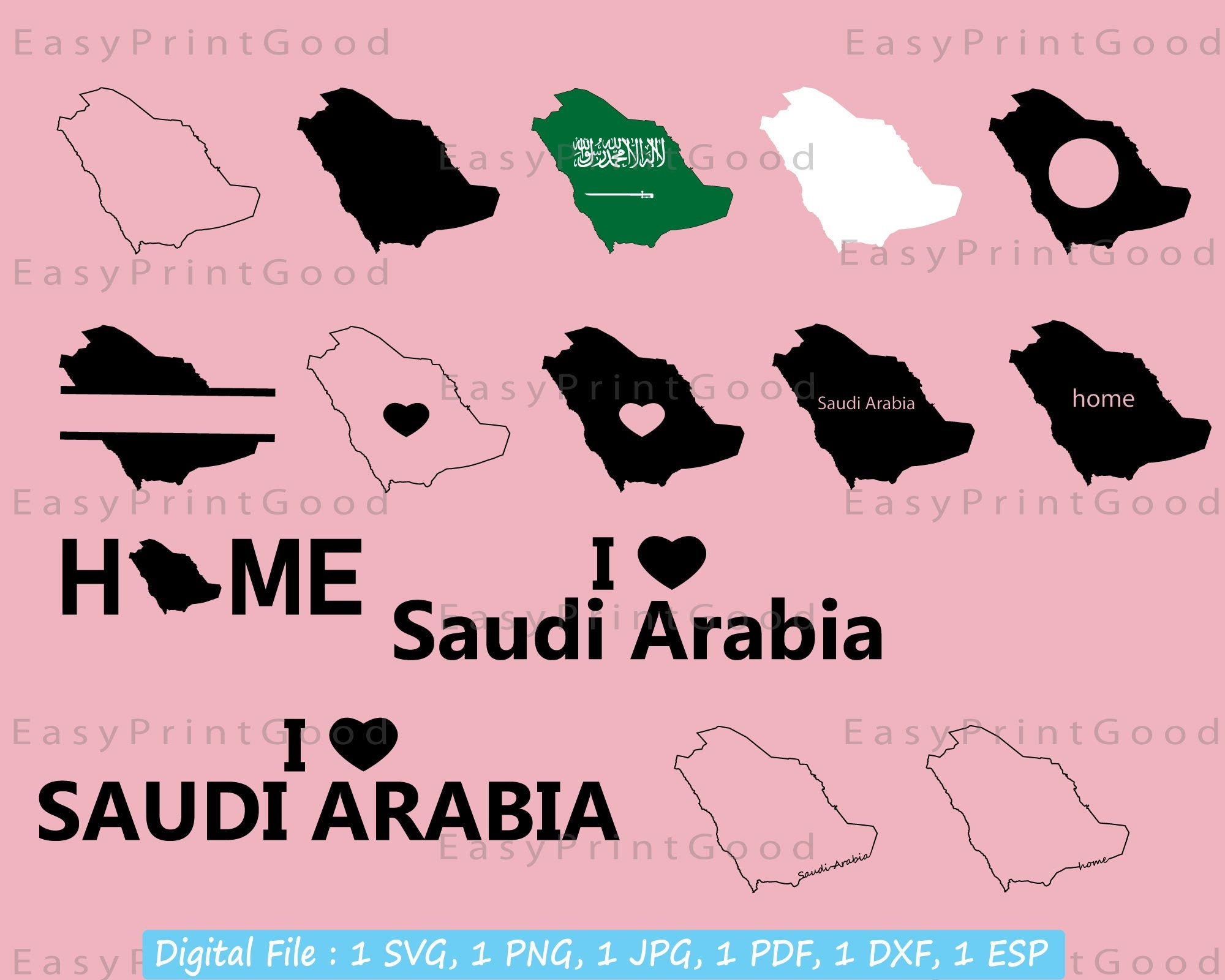 Saudi Arabia Map SVG Bundle: Clipart, Monogram Frame (digital Download ...