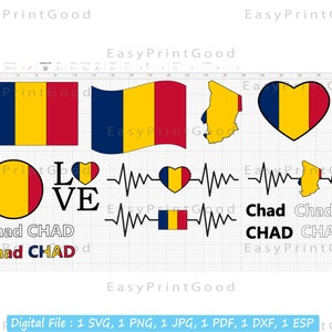 Chad Flag Svg Bundle, Chad Map Flag, Heartbeat, Text Outline, Chad ...