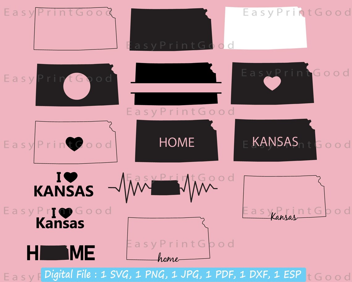 Kansas SVG Bundle: State Outline, Map, Home Designs (cut Files) - Etsy
