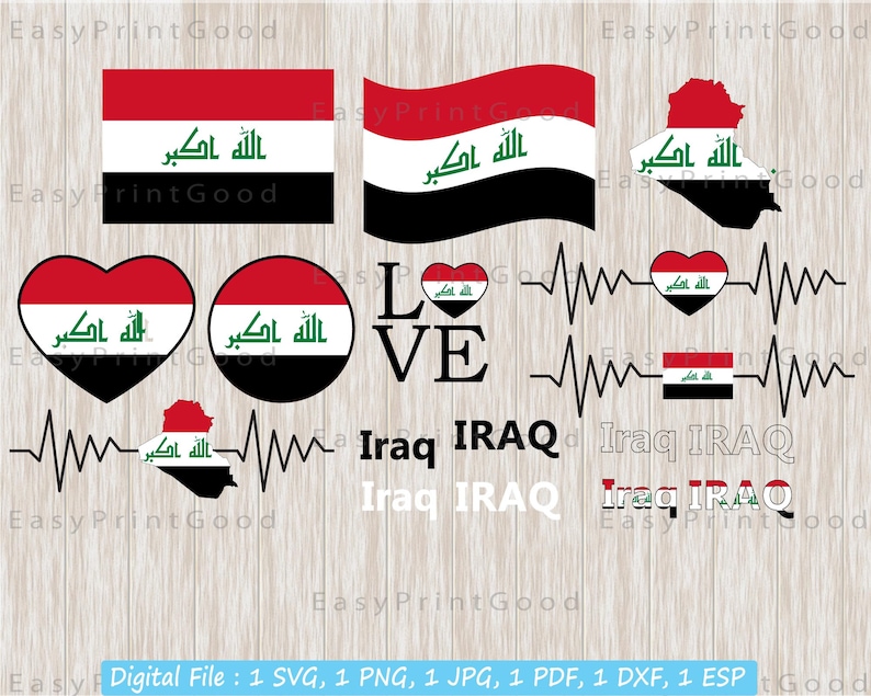 Iraq Flag SVG Bundle: Clipart, Map, Heart, Waving Flag (digital ...