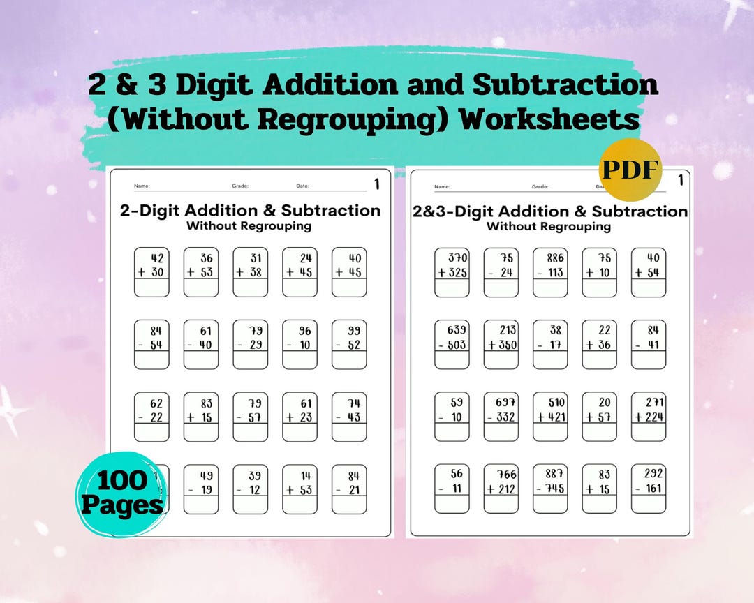 2 & 3 Digit Addition and Subtraction (without Regrouping) Worksheets - Etsy