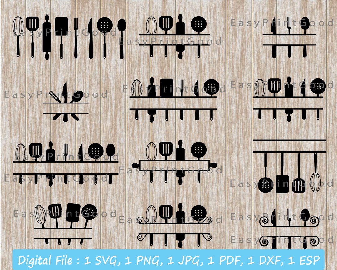 Split Kitchen Svg Spoon Fork Knife Clipart Kitchen Svg Kitchen Monogram ...