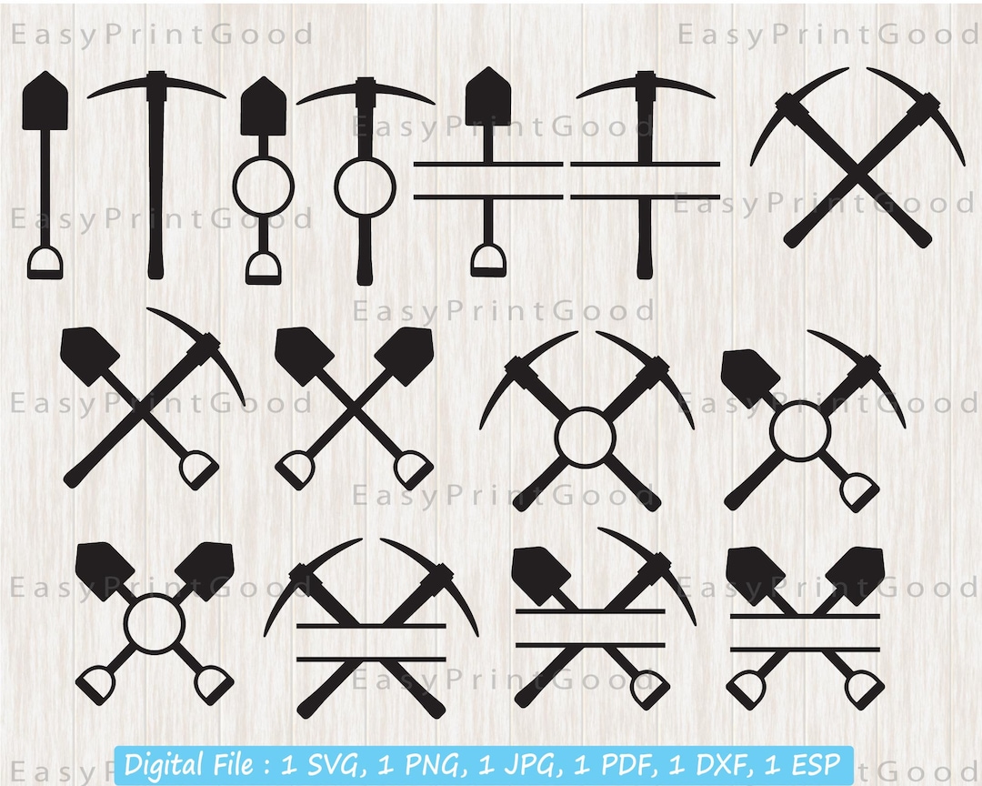 Miner Pick Axe & Shovel SVG Clipart: Cross Pickaxes, Monogram Frame ...