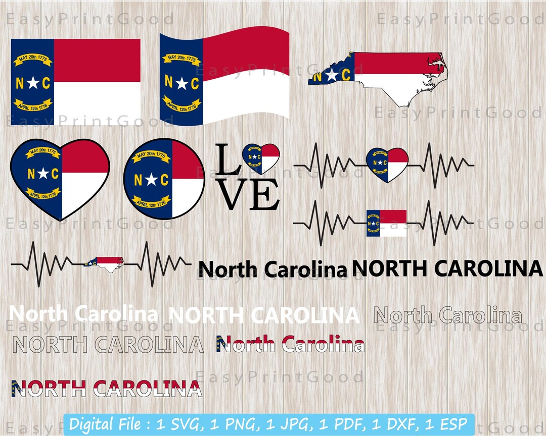North Carolina State Flag Svg Bundle, North Carolina Flag Waving, Heart ...