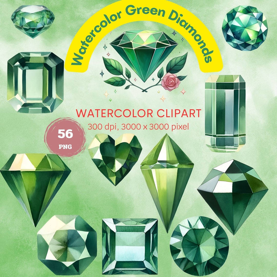 Green Diamonds Clipart Set, 36 PNG, Emerald Diamond Clipart Bundle ...