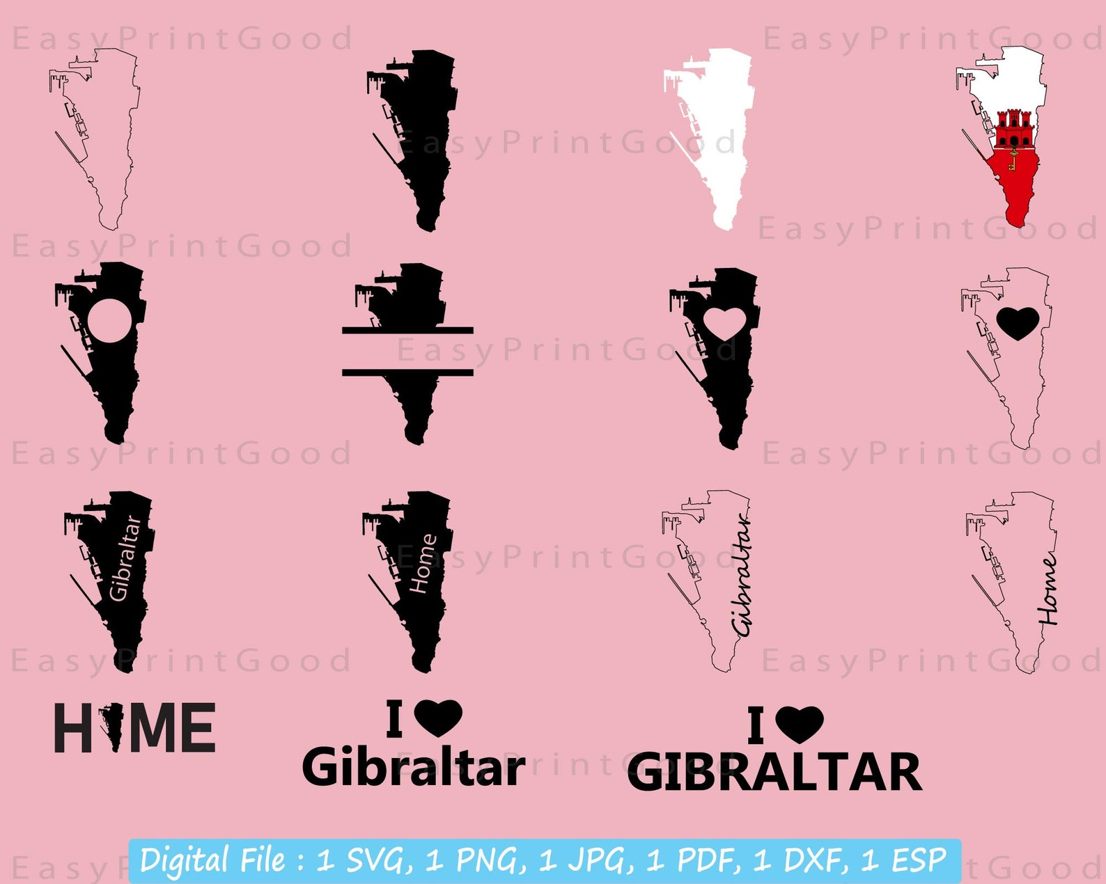 Gibraltar Map SVG Bundle: Outline, Heart, Silhouette (digital Download ...