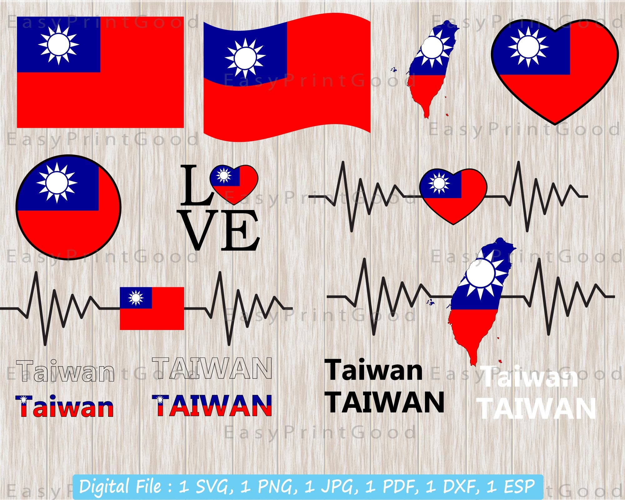 Taiwan Flag SVG Bundle: Map, Heart, Banner, Clipart (digital Download ...