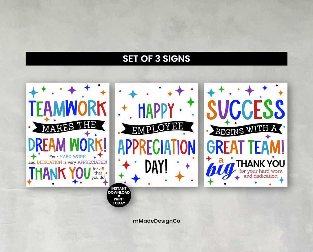 Set of 3 Employee Appreciation Day Signs Teamwork Makes the Dream Work ...