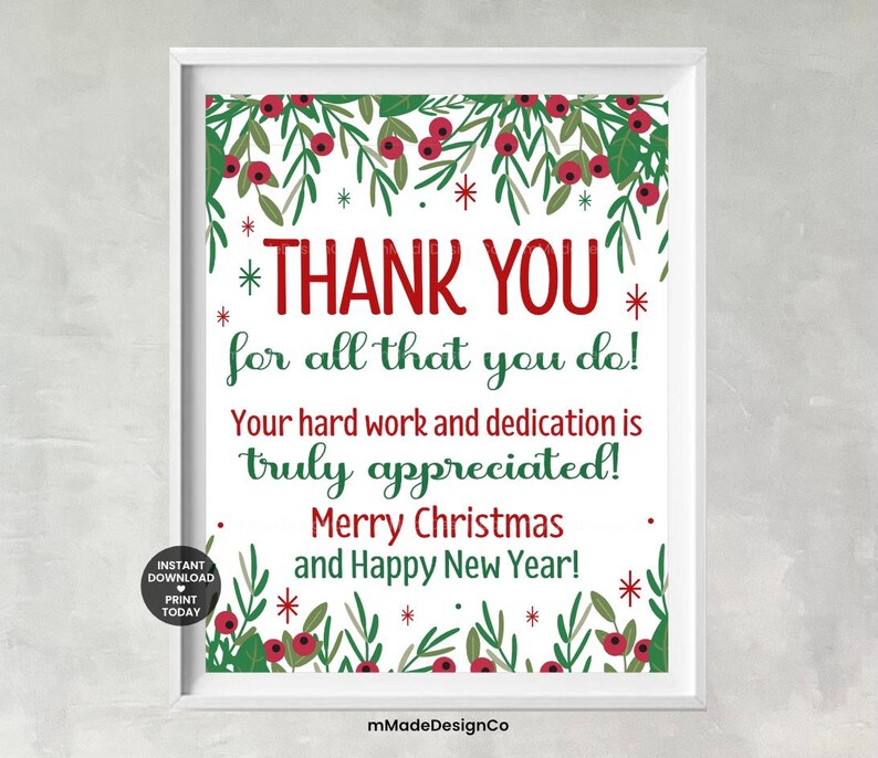 Holiday Thank You for All You Do Sign Employee Appreciation Staff ...