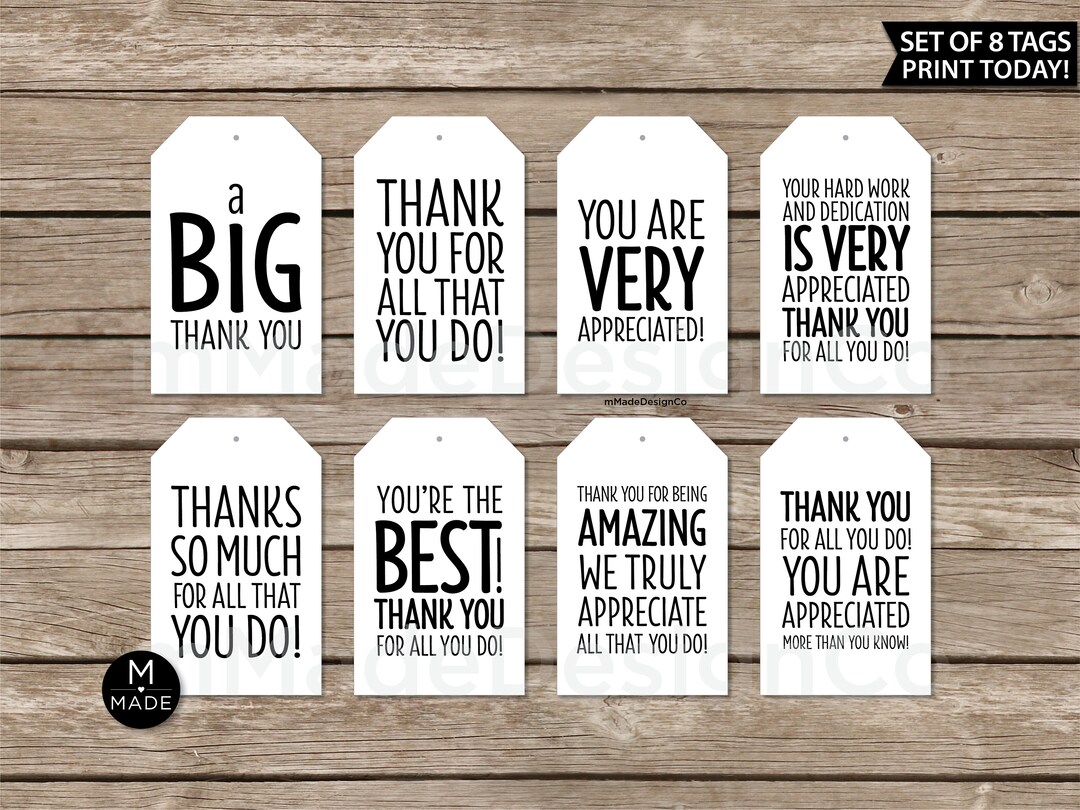 Appreciation Gift Tags Set of 8 Black & White Employee Appreciation ...