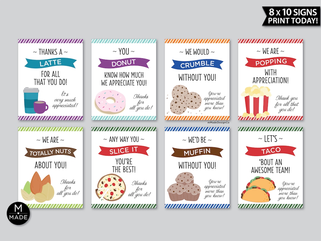 Appreciation Signs Set of 8 Designs Food Puns Workplace Employee ...