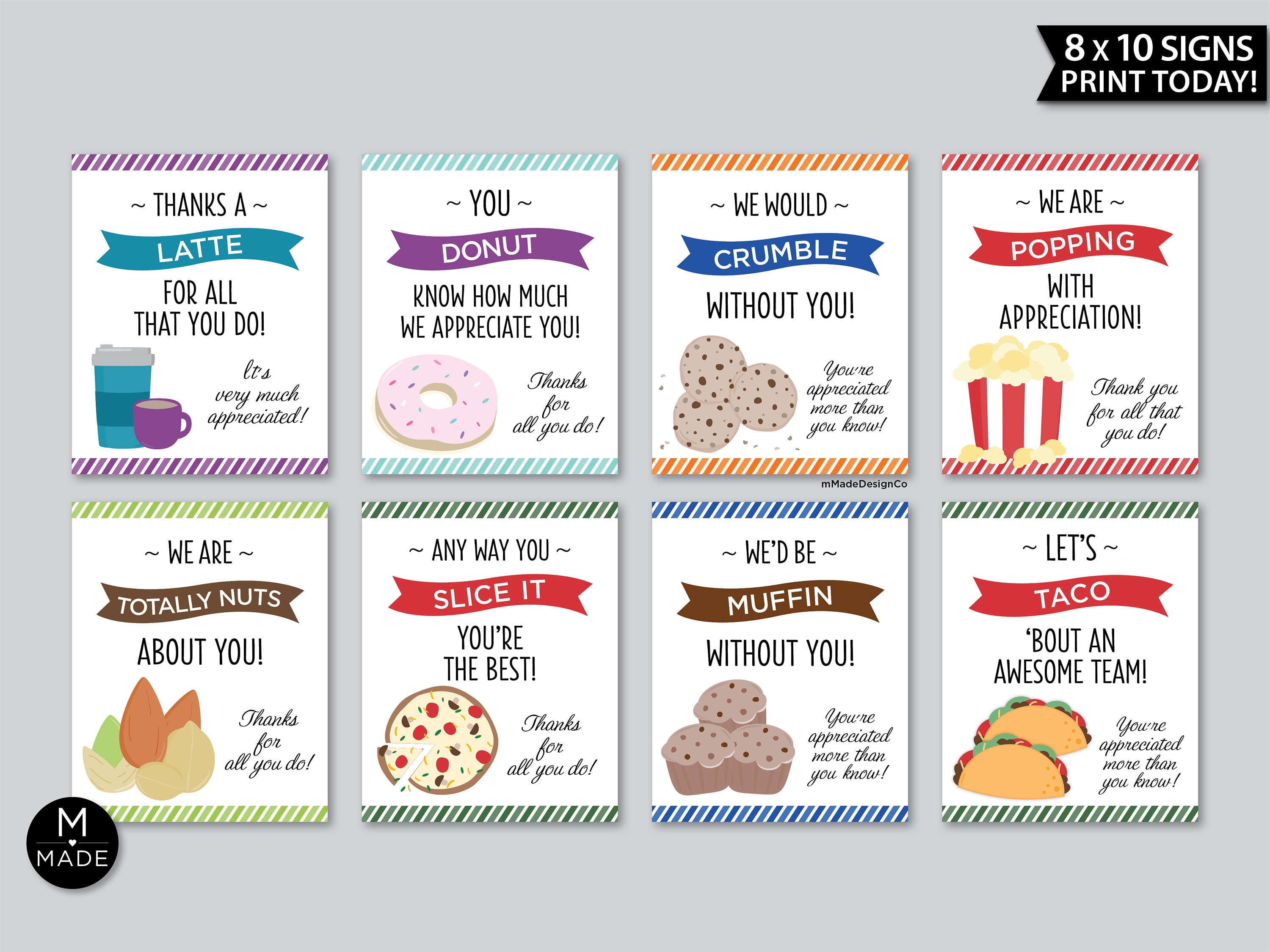 Appreciation Signs Set of 8 Designs Food Puns Workplace Employee ...