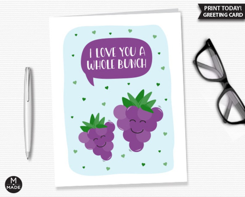 I Love You A Whole Bunch Printable Greeting Card Grapes | Etsy