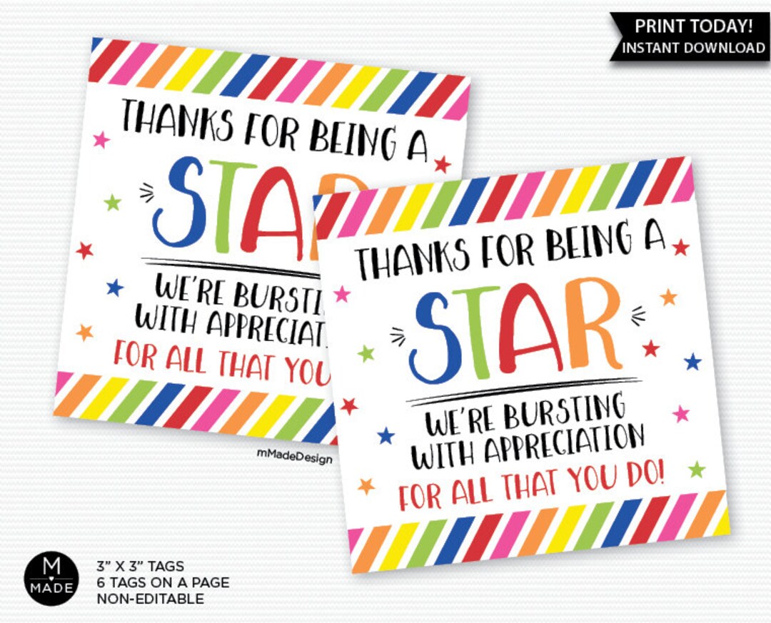 Thanks for Being A Star We're Bursting With Appreciation Gift Tags ...