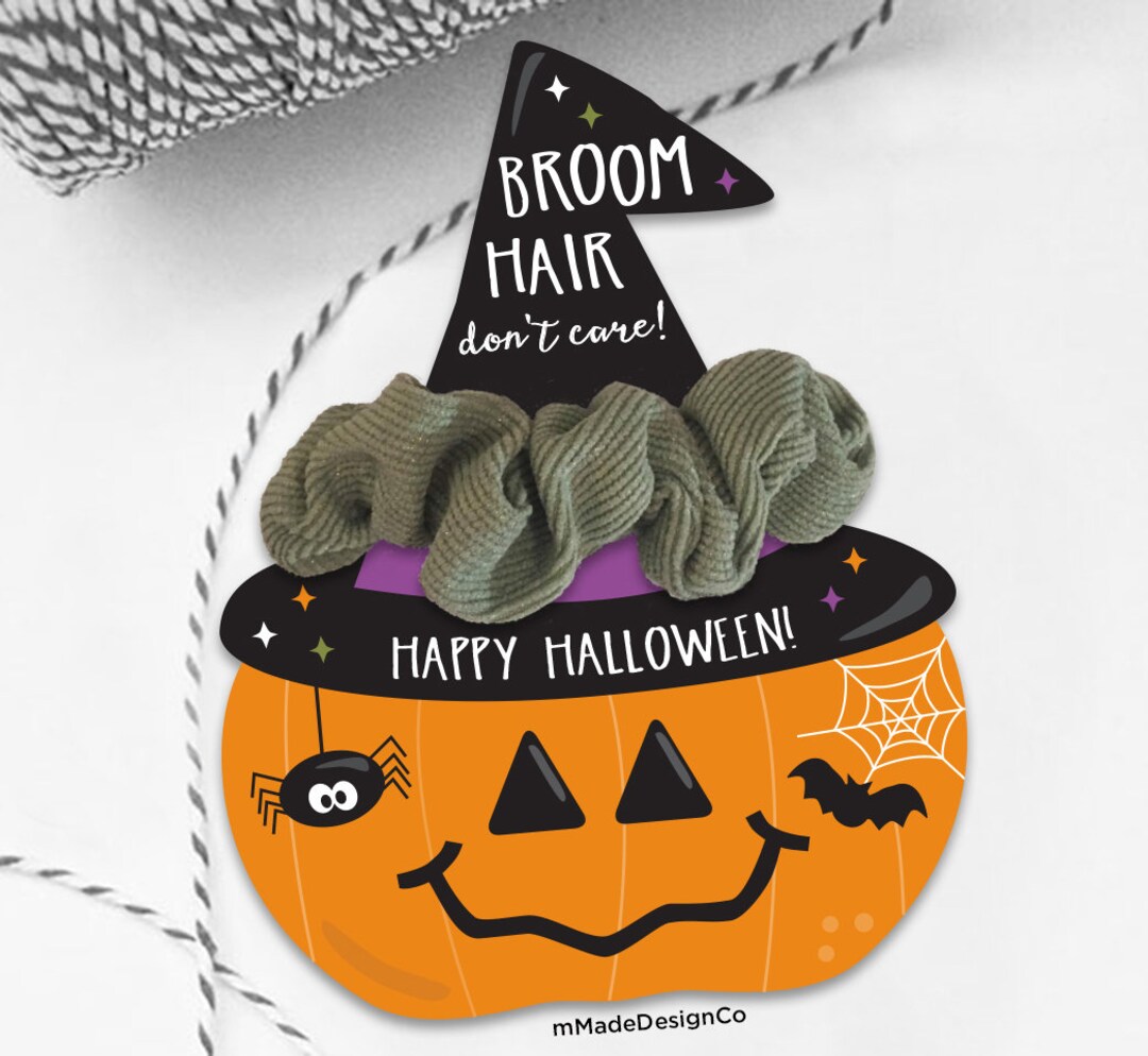 Halloween Hair Scrunchie Card Broom Hair Don't Care Pumpkin Witch Non ...