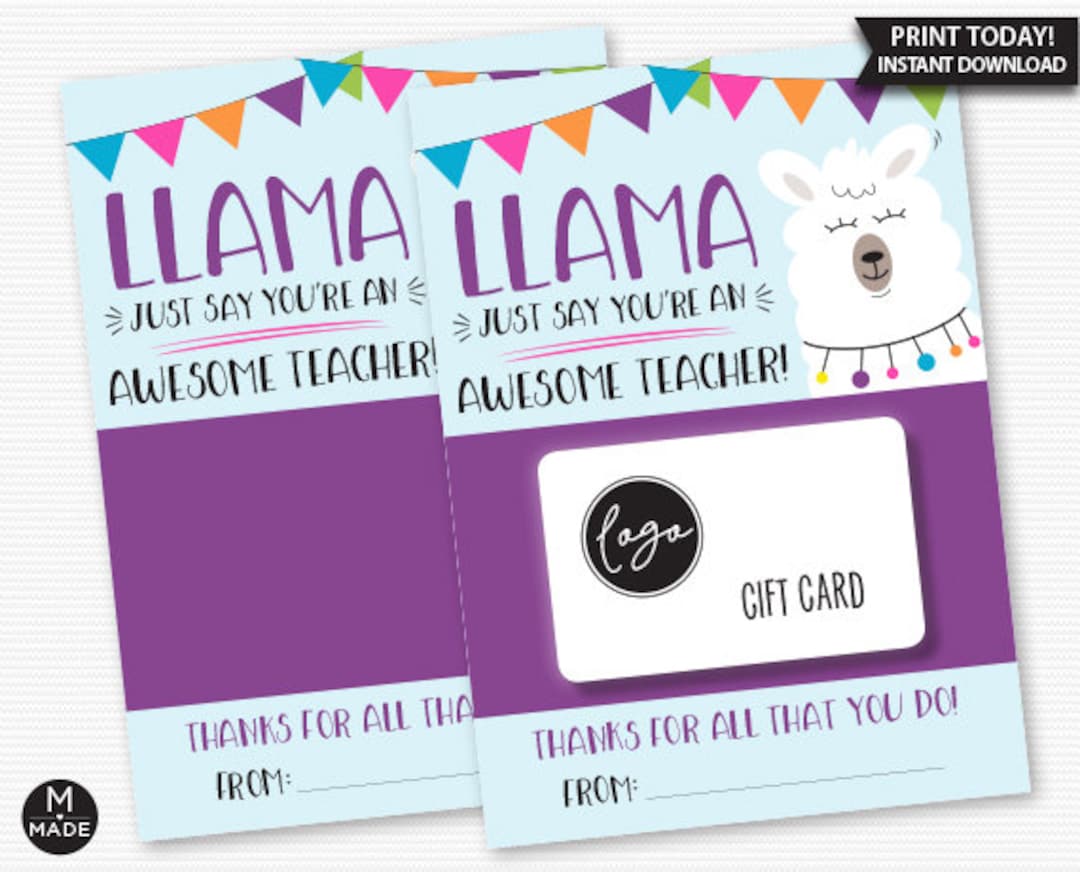 Llama Teacher Gift Card Holder Printable Llama Gift Card Teacher ...