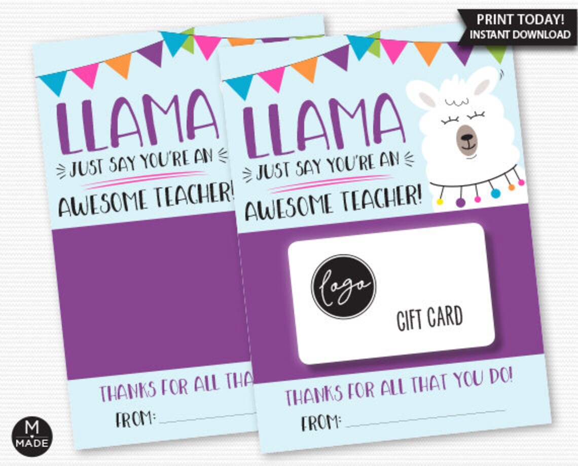 Llama Teacher Gift Card Holder Printable Llama Gift Card | Etsy