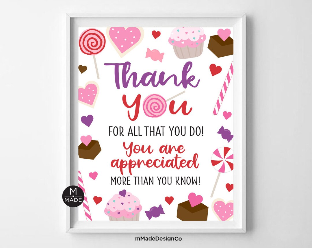 Valentine's Day Thank You Sign Employee Appreciation Teacher Staff Team ...