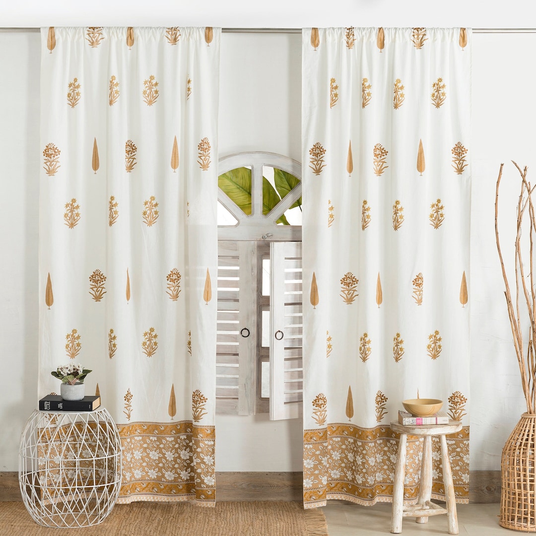 White Gold Sheer Cotton Curtains 84 Inch Length 2 Panels Set, Floral ...