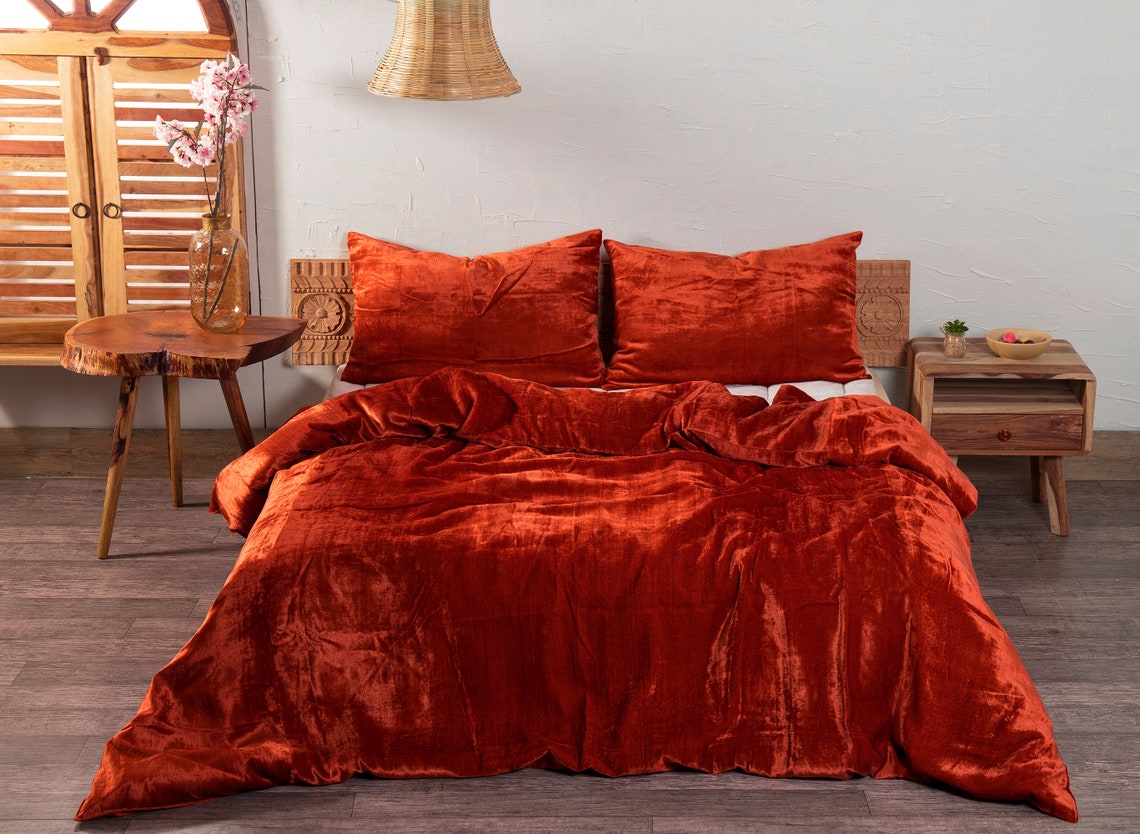 Rust Red Velvet Duvet 3 Piece Setluxury Crushed Velvet Duvet | Etsy