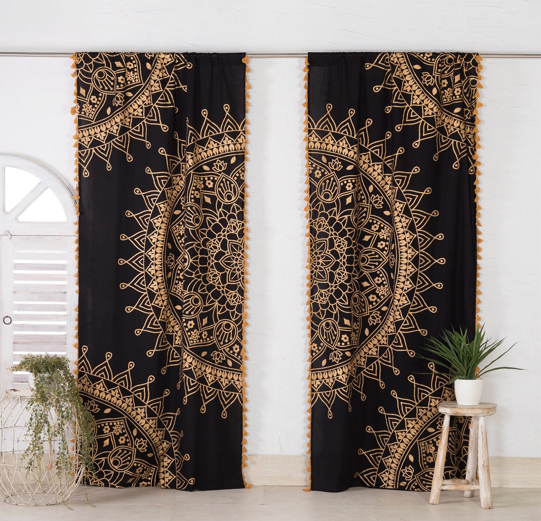Black Gold Chakra Mandala Curtains, Medallion Moroccan Tapestry Curtain ...