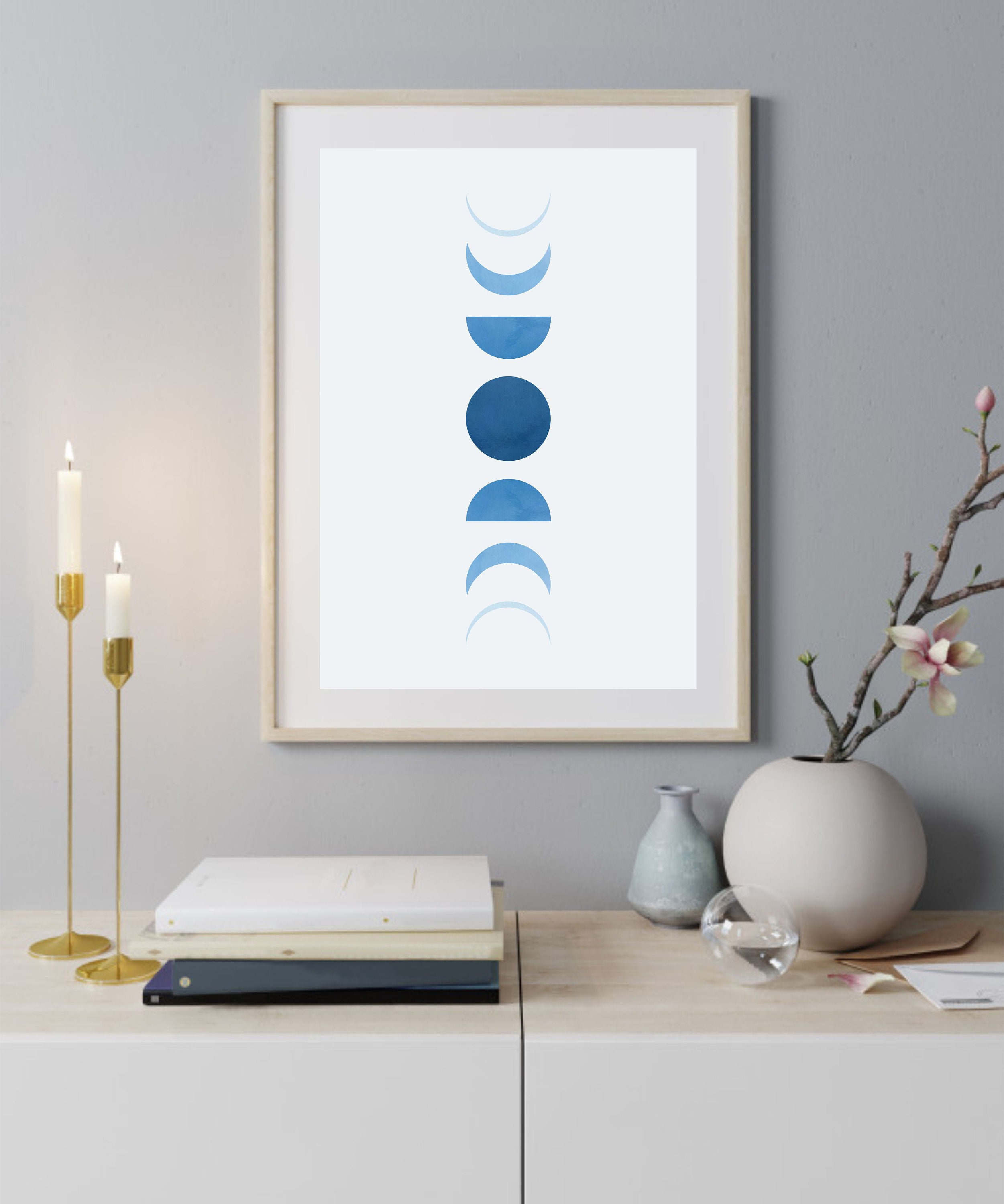 Watercolor Blue Moon Phase Wall Art, Abstract Watercolor Painting, Moon ...