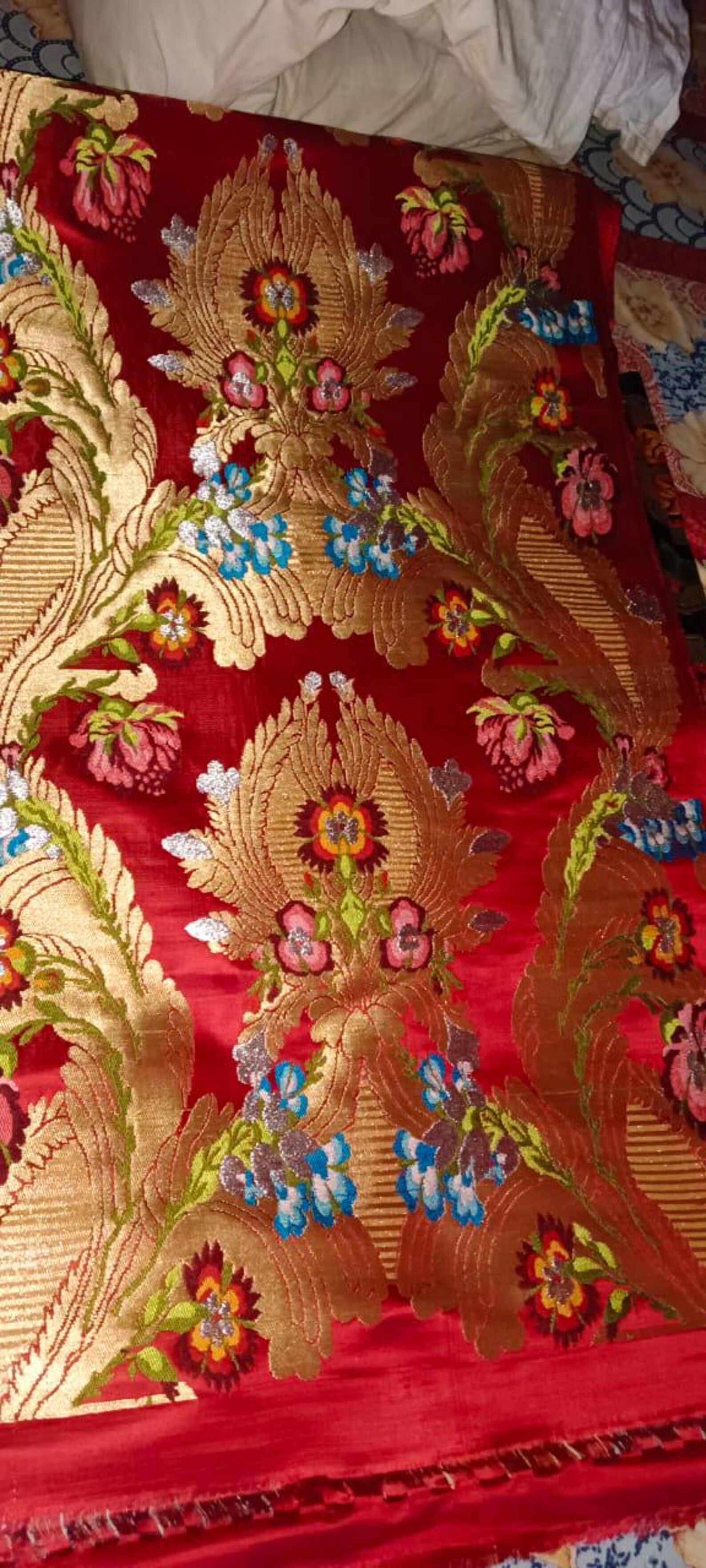 Red Tibetan Brocade Handmade Brocade Varanasi Handloom Brocade Floral ...