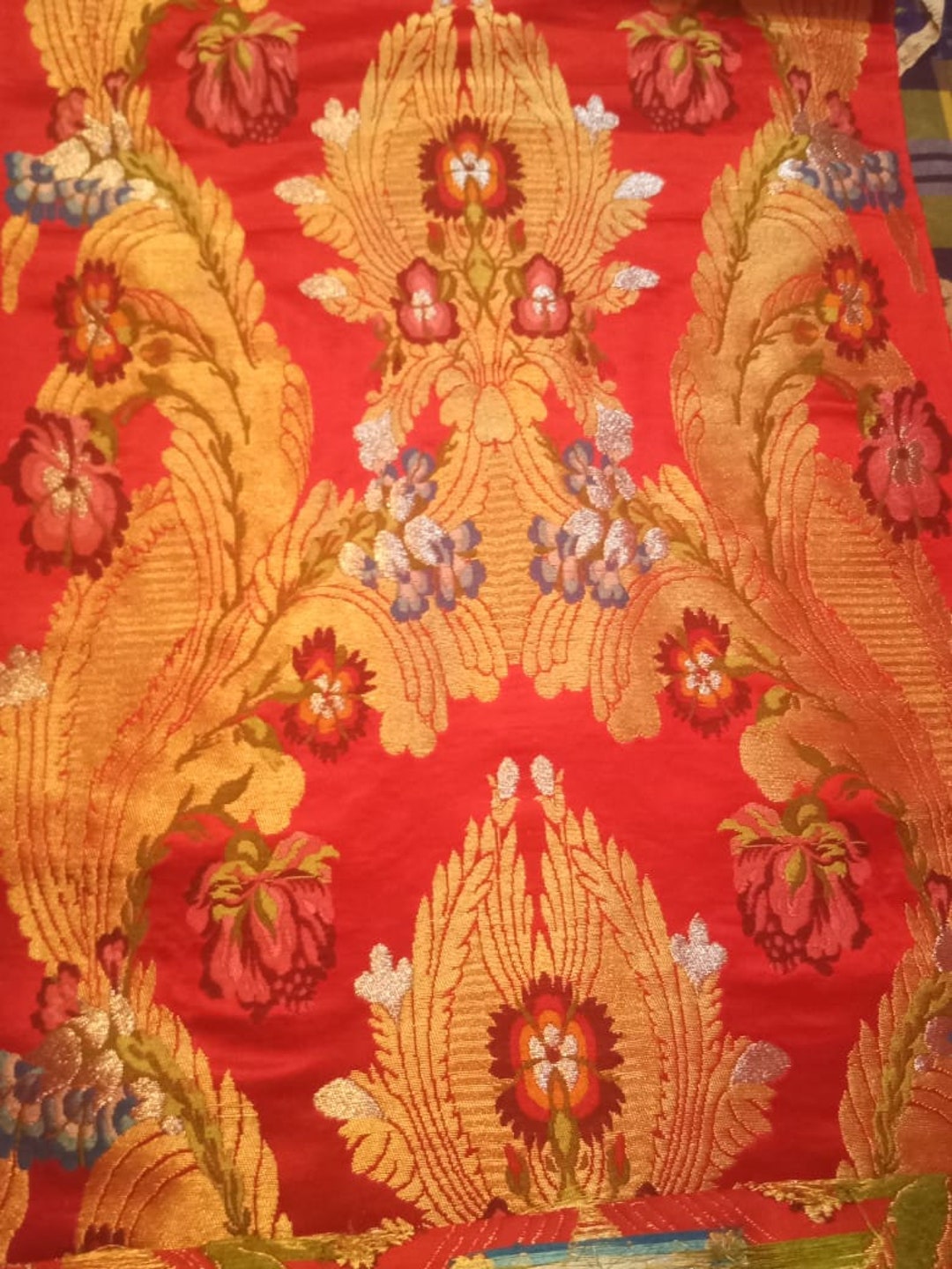 Red Tibetan Brocade Handmade Brocade Varanasi Handloom Brocade Floral ...