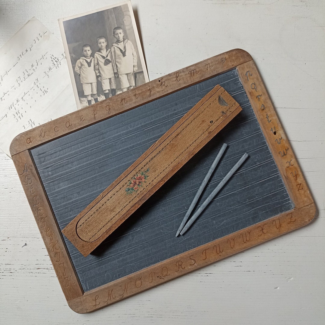 Antique Slate With Pencil Case Made of Wood + Content, Around 1940, Old ...