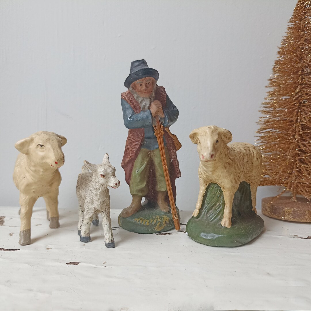 Old Nativity Figures Shepherd With Herd of Nativity Sheep Old - Etsy